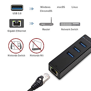 Cable Matters 4-in-1 USB Hub with Ethernet, Support Gigabit Ethernet (USB 3.0 Hub Ethernet, USB to Ethernet Adapter, Gigabit Ethernet USB Hub, USB Ethernet Hub) with 10/100/1000Mbps Network in Black