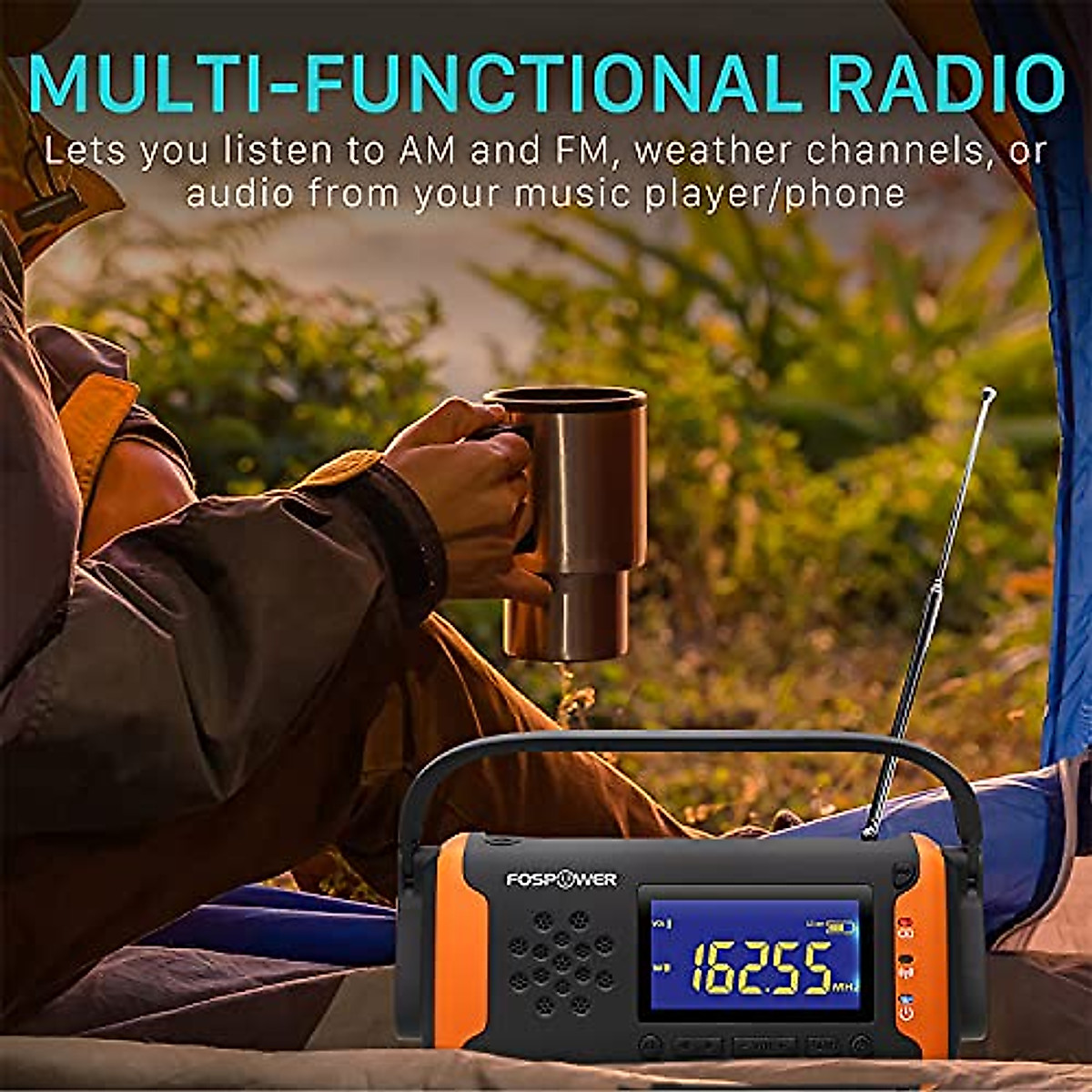 FosPower 4000mAh NOAA Emergency Weather Radio (Model D2) Portable Power Bank with Solar Charging, Hand Crank & Battery Operated, LCD Display, SOS Alarm, AM/FM & LED Flashlight for Outdoor Emergency