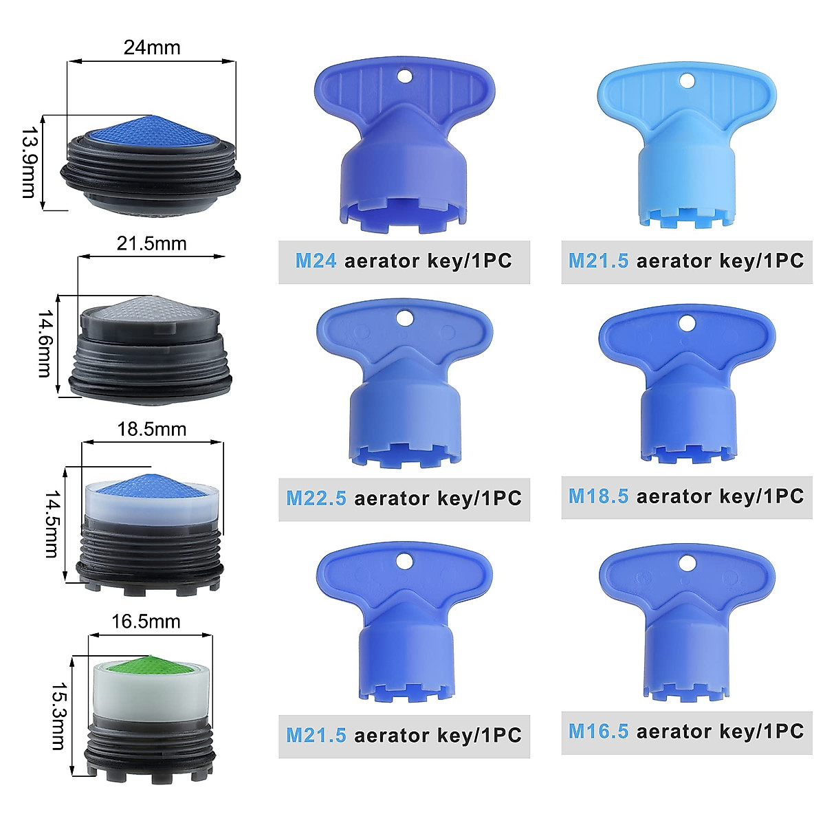iFealClear 12 Pcs Faucet Cache Aerators with 6 Pcs Removal Wrench Tool, Water Saving Flow Restrictor Replacement Part, for Bathroom or Kitchen Sink, M16.5 18.5 21.5 24 mm Tap Aerators Flow Restrictor