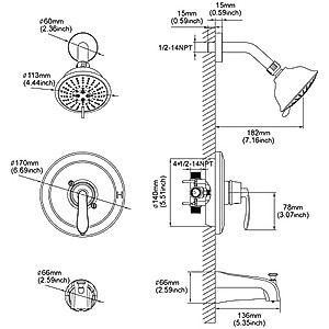 PARLOS Shower System, Brushed Gold Shower Faucet Set with Tub Spout(Valve Included), 5-Setting Mode Shower Head and Tub Spout with Diverter, Multi-Function Wall Mounted Shower Bathtub Combo, 1436908