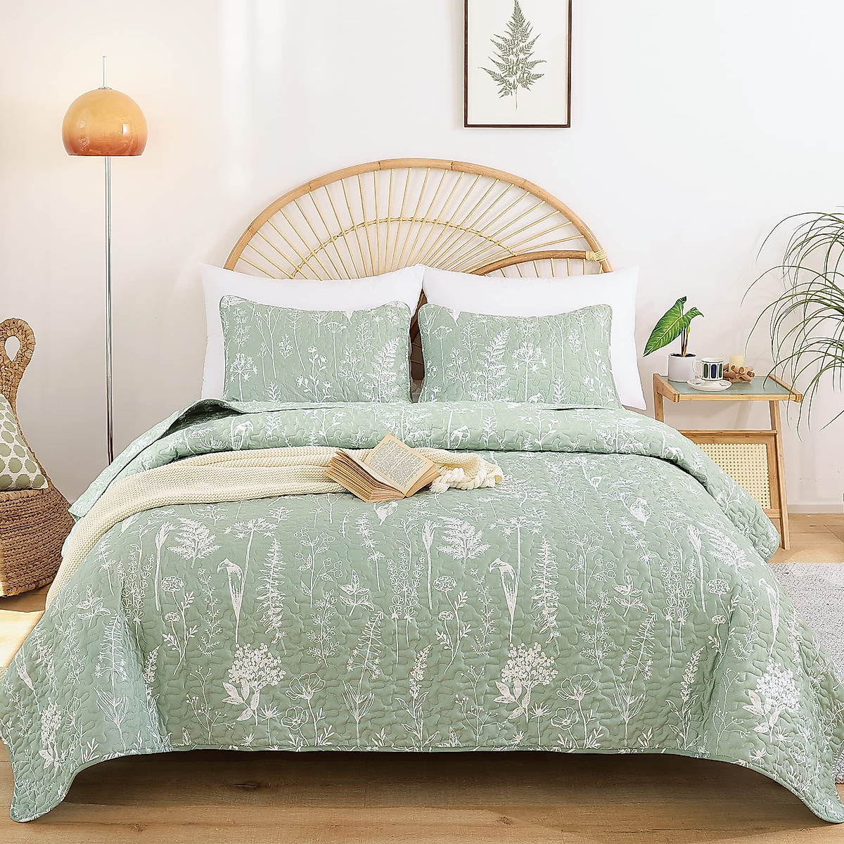 JANZAA Quilts Queen Size Sage Green Quilt Botanical with Floral Pattern Microfiber Bedspreads Queen Size 3 Pieces Lightweight Comforter Reversible Bedding Set with 2 Pillow Cases