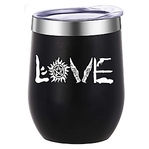 ATHAND Love Sign Insulated Stainless Steel Tumbler with Lid 12oz - Supernatural Merchandise Gifts -Black Vacuum Wine Mug Stemless Novelty Cup-Birthday Mothers Day Gifts For Her Women Men Mom Friends