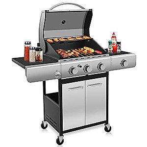 Kismile Gas Grill, 3-Burner Griddle with Extra Side Burner, Max. 34,000 BTU total, Built-in Thermometer, Stainless Steel Propane Grill for Camping Picnic Cookout BBQ