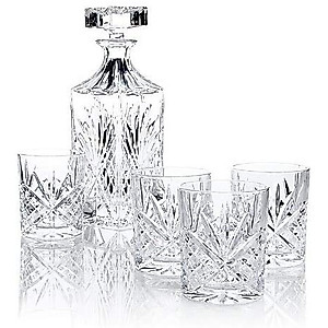 James Scott Liquor Decanter 5-Piece Irish-Cut Crystal Decanter & Whiskey Glasses Set - for Whiskey, Wine and Bourbon - Includes 24 oz. Decanter with Stopper and 4 x 11 oz. Glasses | Beautiful Gift Box