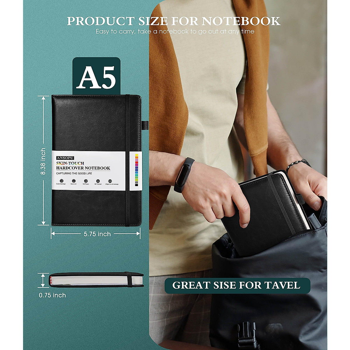 Ansopu Lined Journal Notebook for Writing, A5 100 GSM Thick Paper, Leather Hardcover Journal for Woman Men, Travel Journal Diary 160 Pages(5.75'' X 8.38'' Black)