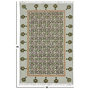 Casavani Hand Block Printed Cotton Dhurrie Floral Green & Pink Tassel Rug Easy Care Washable Rugs for Doormat Entryway Living Room Bedroom Hallway Balcony 9x9 Feet Square