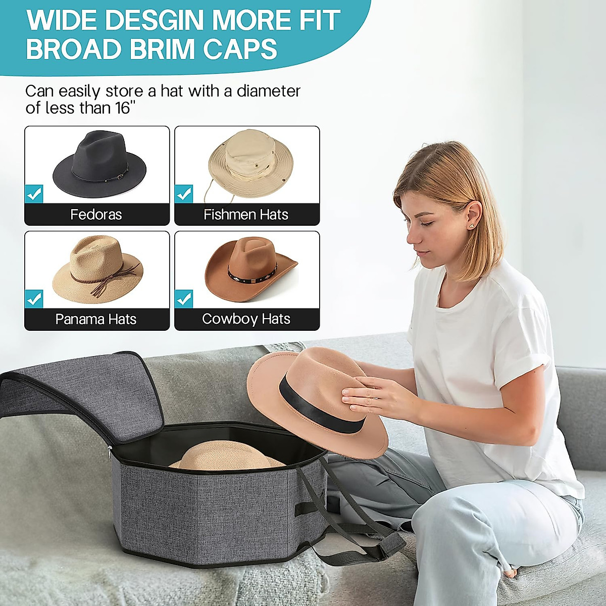 SLEEPING LAMB Hat Box for Travel and Storage, Collapsible Hat Case Cowboy Cap Hat Organizer for Closet with Handles Hat Boxes for Men and Women Storage Large Hat Bag Carrier with Cardbord, Grey