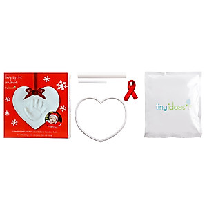 Tiny Ideas Newborn Heart Christmas Ornament, Holiday Baby's Handprint or Footprint Ornament, Baby's First Christmas, Clay Print Keepsake for Baby Girl Or Baby Boy, with Included Red Ribbon