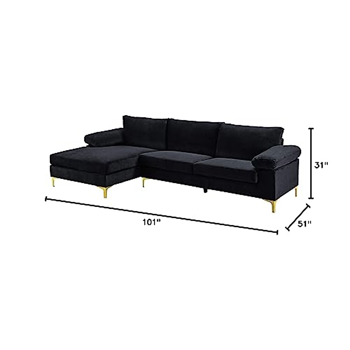 Casa Andrea Milano Modern Sectional Sofa L Shaped Velvet Couch, with Extra Wide Chaise Lounge and Gold Legs