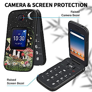 Case for Alcatel Go Flip 4 / TCL Flip Pro / TCL Flip Phone Case with Tempered Glass Screen Protector, Anti-Slip Kickstand Shockproof PC Stylish Cover for TCL Flip Pro, Mushroom and Frog Moon Stars