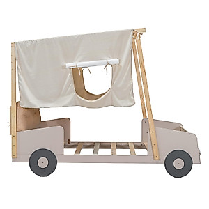 Harper & Bright Designs Twin Size Kids Car Bed with Pillow, Ceiling Cloth and LED Light, Twin Playhouse Bed Frame, Kids Canopy Bed, Wood Twin Platform Bed for Kids Boys Girls Teens (Natural, Twin)