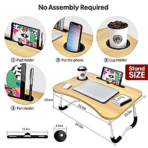 Portable Laptop Bed Table, Fordable Lap Desk with Cup Slot & Notebook Stand Breakfast Bed Trays for Eating and Laptops Book Holder Lap Desk for Floor,Couch, Sofa, Bed, Terrace, Balcony (Walnut Beige)