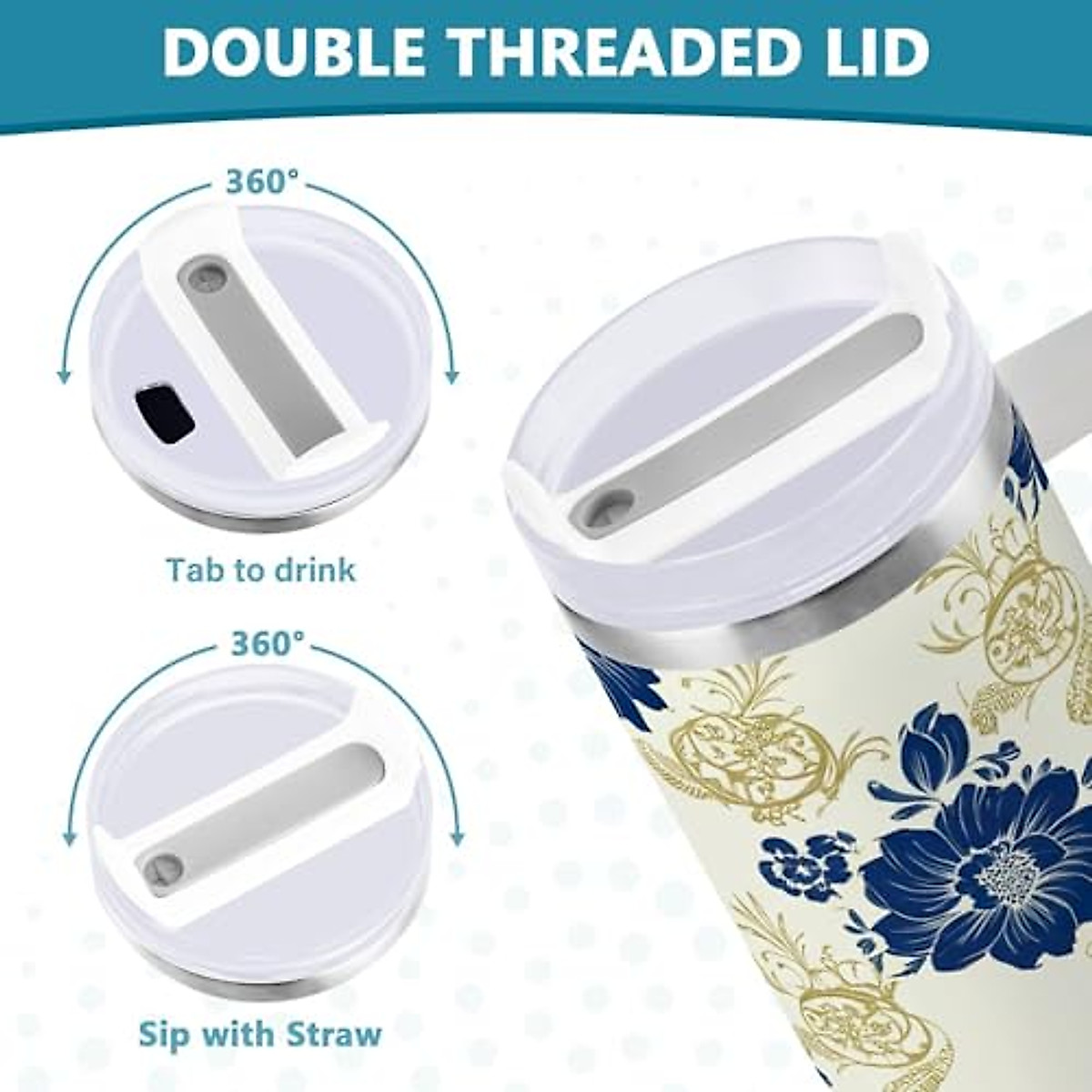 RPLIFE Blue and White Floral Tumbler Cup, Stainless Water Bottle, Water Tumbler with Straw