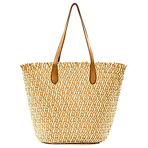Straw tote beach shuolder handbag travel large tassels woven crossbody wicker boho Zipper lightweight shopping bags women (khaki)
