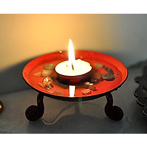 Lalhaveli Red Hand Painted Small Iron Pillar Candle Stand, 4.5" Tall 2" Candle Plate Votive Candle Holders Stand Decorative