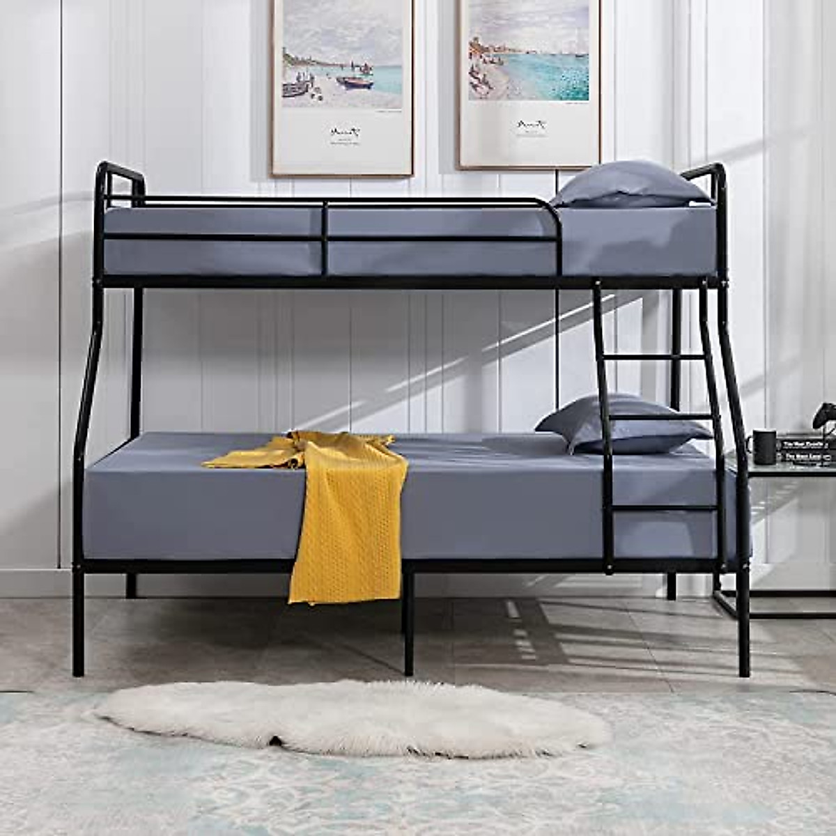 cuoote Twin Over Full Bunk Bed, Metal Twin Over Full Bunk Bed with Ladder and Guardrail, Space-Saving Design for Boys, Girls, No Box Spring Needed (Black, Twin Over Full)