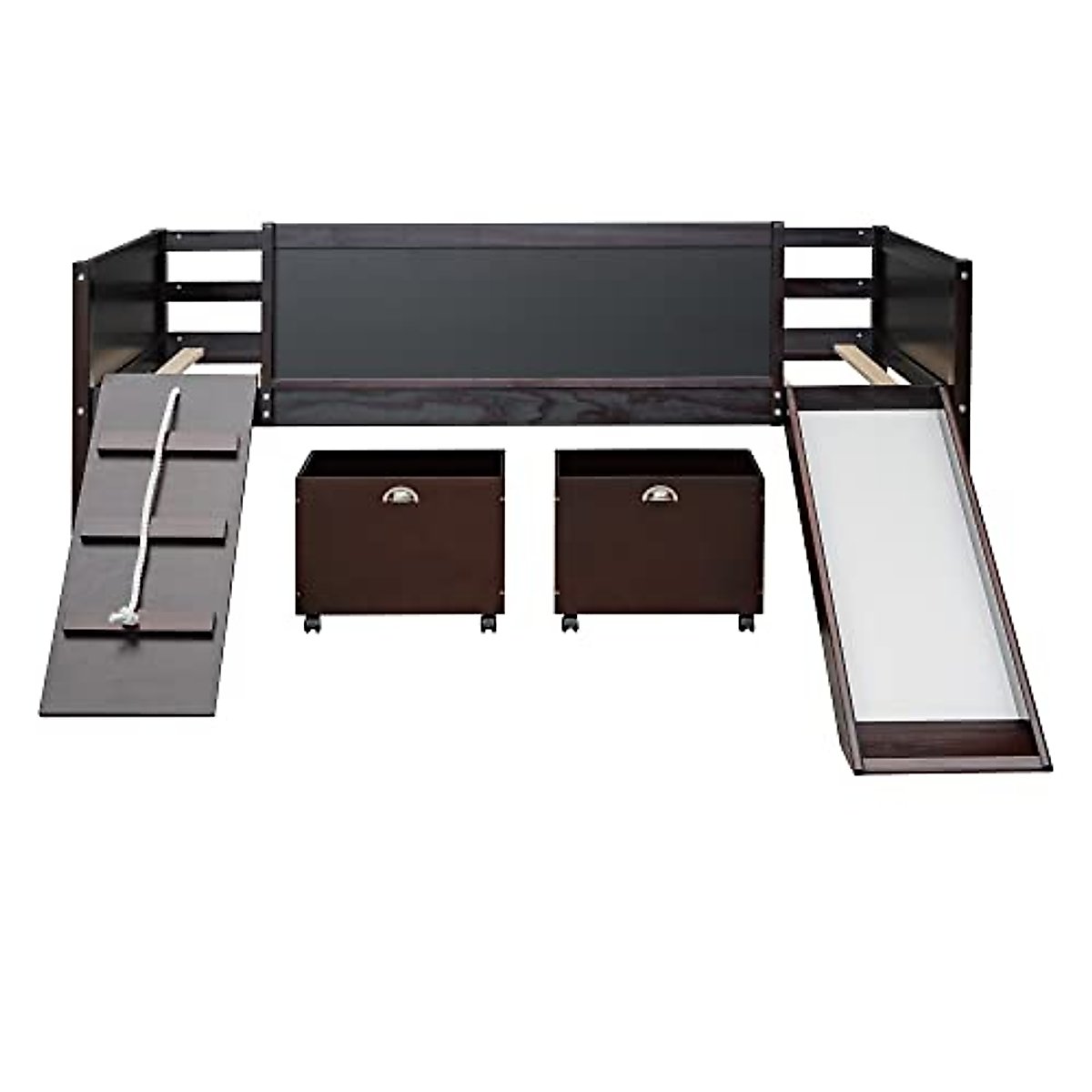 GINGVAT Twin Size Loft Bed with Two Storage Boxes, Wood Loft Bed with Climbing Frame, Slide and Guardrails，Multi-Functional，Espresso