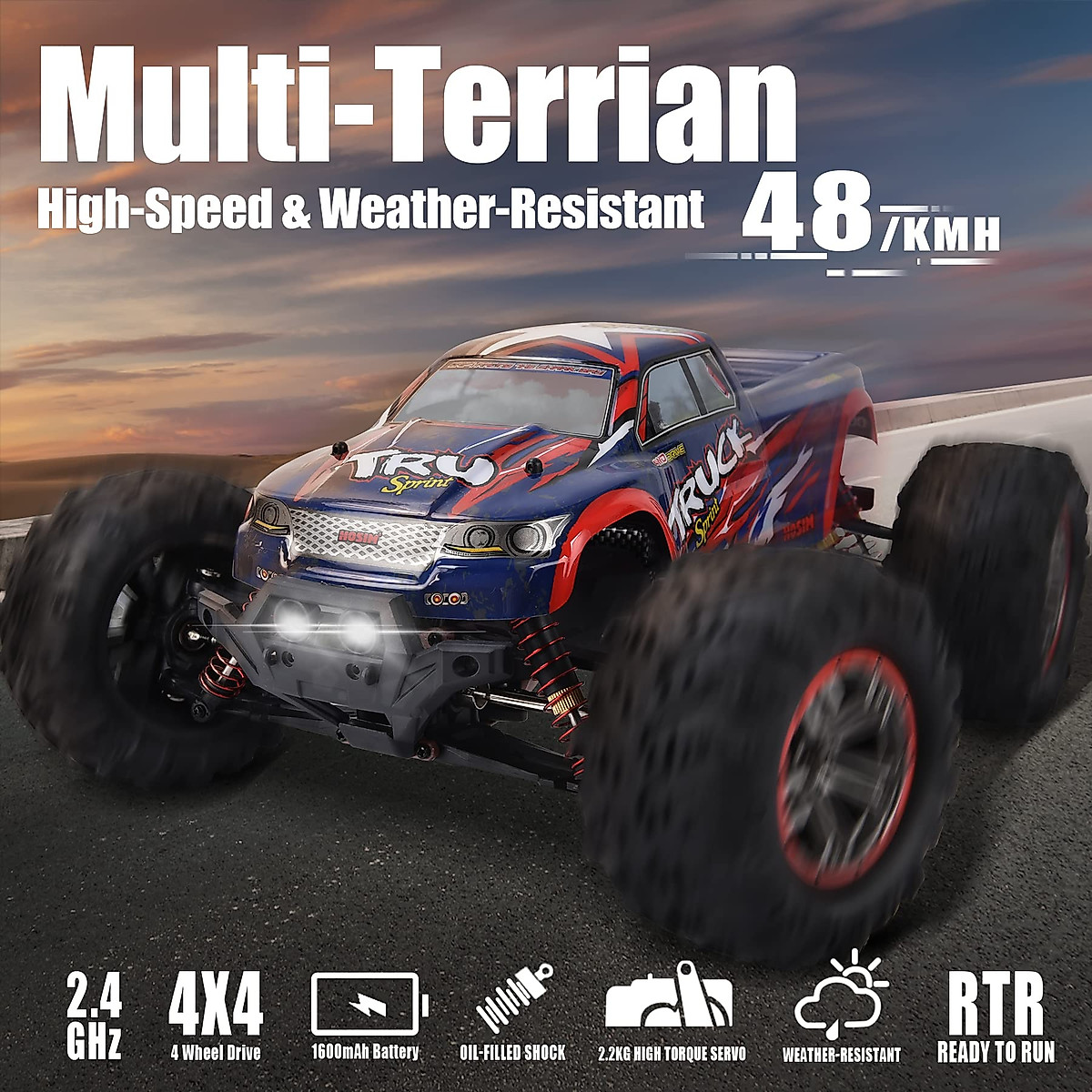 Hosim 1:10 Large Size 48+ KMH 4WD High Speed RC Monster Trucks,Hobby Grade RC Cars for Adults Boys Remote Control Vehicle 2 Batteries for 40+ Min Play Gift for Kids(Blue)