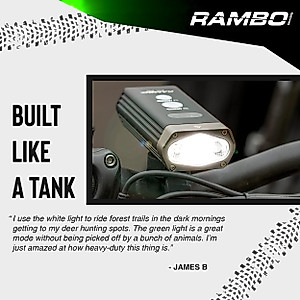 Rambo Bikes Pro Hunter Ultra Bright Flashlight - 1100 Lumens White and Green LED Light - USB Rechargeable LED Headlight, Powerbank, IPX-6 Waterproof Bicycle Light - 3 Light Modes, Impact Resistant