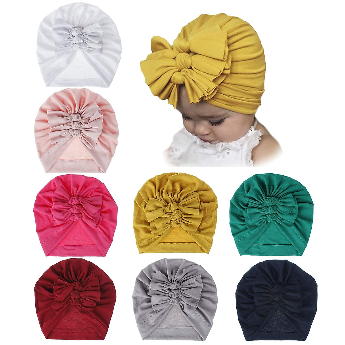 inSowni 8 Pack Solid Nursery Hospital Turban Hat Cap Beanie Bonnet with Knot Bow for Baby Girls Toddlers Newborns Infants