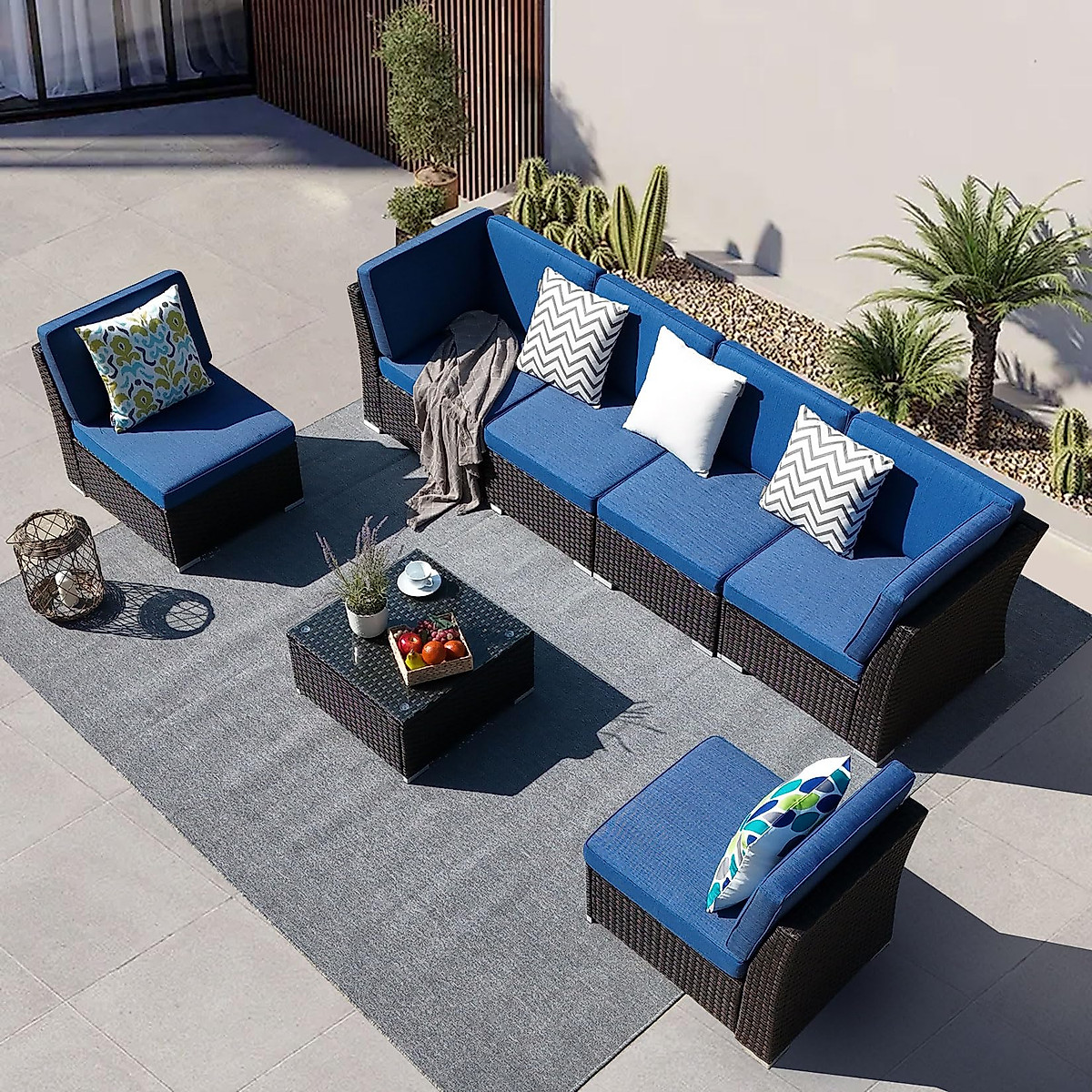TiuBroe 7 Pieces Patio Furniture Sets, Outdoor PE Rattan Sectional Sofa Conversation Set, All Weather Conversation Set w/6 Seat Cushions and 1 Coffee Table (Light Gray)