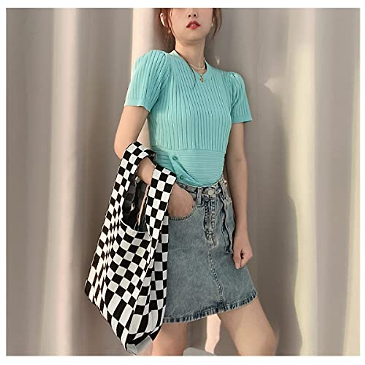 MOMEITU Women's Hobo Bag Checkerboard Knit One Shoulder Tote Bag Woven Tote Bag One Shoulder Shopping Bag Hobo Bag(Black and White Grid)