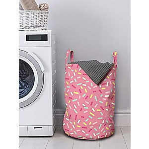 Ambesonne Pink and White Laundry Bag, Abstract Pattern of Colorful Donut Sprinkles Tasty Food Bakery Theme, Hamper Basket with Handles Drawstring Closure for Laundromats, 13" x 19", Pink Yellow