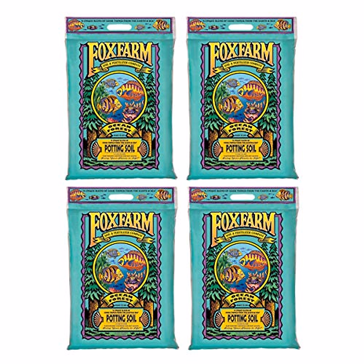 Foxfarm FX14053 Ocean Forest Plant Garden PH Adjusted 12 Quarts Potting Soil Blend Mix for Containerized Plants, 9 Pound Bag, 4 Pack