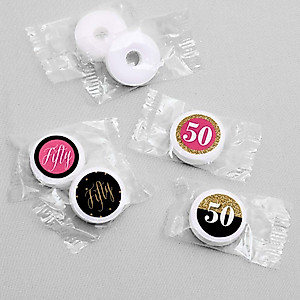 Big Dot of Happiness Chic 50th Birthday - Pink, Black and Gold Round Candy Sticker Favors Labels Fit Chocolate (1 Sheet 108)