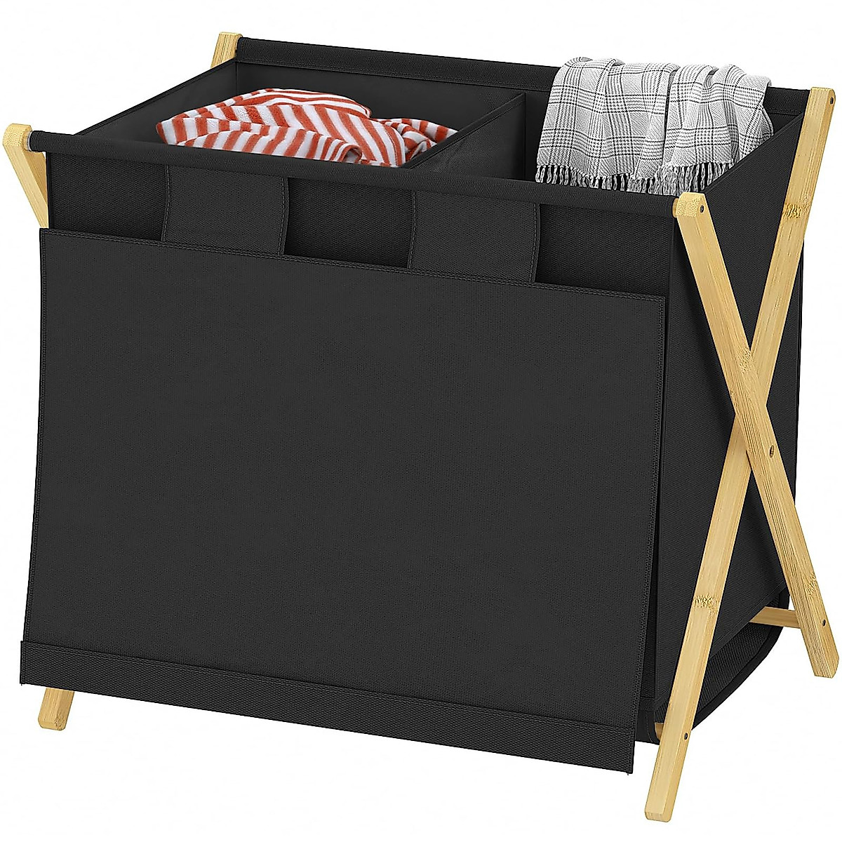 2-Section Extra Large Laundry Hamper with Lid, 125L (33 Gal) Divided Dirty Clothes Laundry Basket with Bamboo Frame, Double Hampers Organizer for Laundry Room, Bathroom, Bedroom, Black