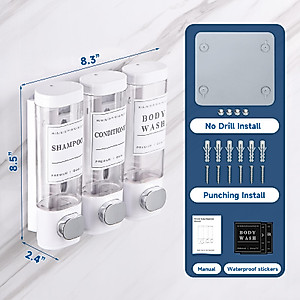 Shower Soap Dispenser Wall Mounted No Drill Shampoo Dispenser for Shower Wall Shampoo and Conditioner Dispenser Bathroom Hotel 3 * 300ml White with Labels