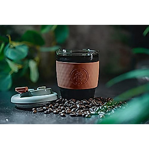 Mr.Cuppie 12 oz Glass Reusable Coffee Cups with Lids, Glass Travel Mugs with Non-slip Sleeve Dishwasher and Microwave Friendly Cup, Glass Tumbler Eco-Friendly Coffee Travel Mug (Mocha)