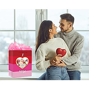 FLYAB Valentines Day Gift Bag with Tissue Paper 11.5" Valentines Gift Bag with Handle Clear Heart Gift Bags for Anniversary Wedding Valentine's Day Party Favors Birthday Valentines Gifts Wrapping