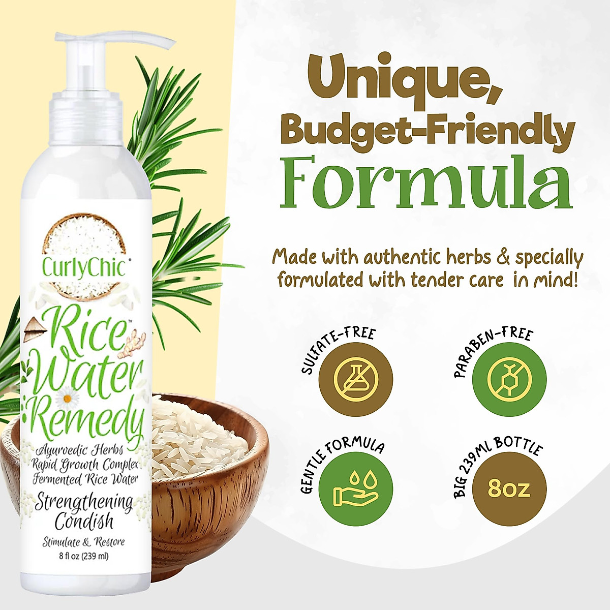 CurlyChic Rice Water Remedy Strengthening Condish - Ultra-Moisturizing, Protein-Balanced, Ayurvedic Herbs, Sulfate & Paraben-Free - Repairs & Protects Hair, Prevents Breakage & Split Ends - 8 fl oz