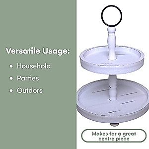 Hallops Wood 2 Tiered Tray | Rustic Farmhouse Decor | Rustic Serving Cake Stand | Galvanized Kitchen Table | Fall Decor | Food and Party Display(White)