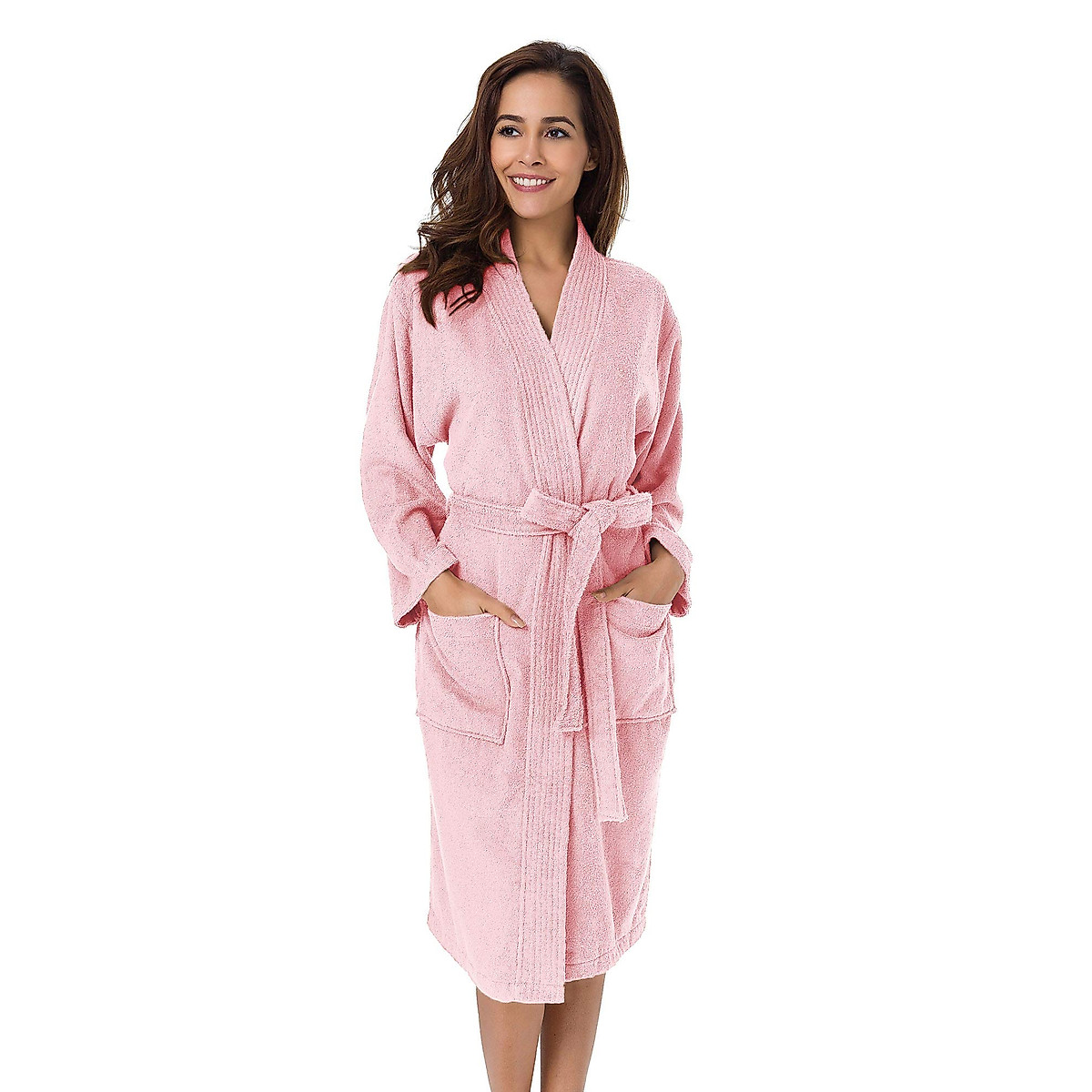 SIORO Terry Cloth Robes for Women Cotton Kimono Bathrobe Towel Soft Fuzzy Absorbent Long Sleeve Calf Length Robe Plush Warm Shower Housecoat，Light Pink Small