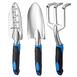 Sinoer Garden Tool Set, 3Piece Heavy Duty Cast-Aluminum Gardening Hand Tool Includes Hand Trowel, Transplant Trowel and Cultivator Hand Rake with Soft Rubberized Non-Slip Ergonomic Handle - Blue