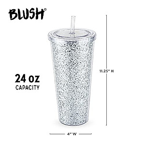 Blush Silver Glam Double Walled Glitter 24oz Tumbler | Reusable, Leak-Proof, Travel, Clear Plastic, Slim, Iced Coffee Cup with Silicone Seal, Screw-On-Lid, and Straw, 1 Count (Pack of 1)