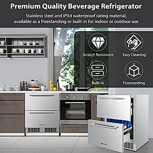 24 Inch Indoor Under Counter Drawer Fridge Stainless Steel Undercounter Refrigerator Freestanding Outdoor Fridge for Home Built-in Commercial Beverage Refrigerator with Dispenser and Digital Display
