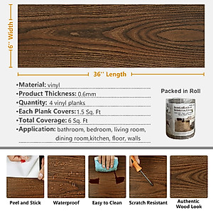 VEELIKE Brown Chestnut Wood Vinyl Flooring Peel and Stick Waterproof Vinyl Plank Flooring 6''x36'' Brown Vinyl Floor Tiles Self Adhesive Removable Floor Stickers for Bathroom Bedroom Kitchen 4-Pack