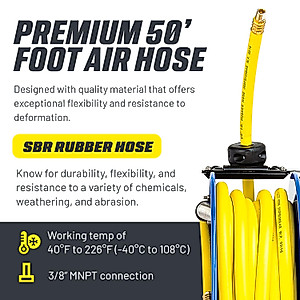 Goodyear Air Hose Reel Retractable 3/8" Inch x 50' Foot SBR Rubber Hose Max 300PSI Heavy Duty Industrial Steel Single Arm Construction