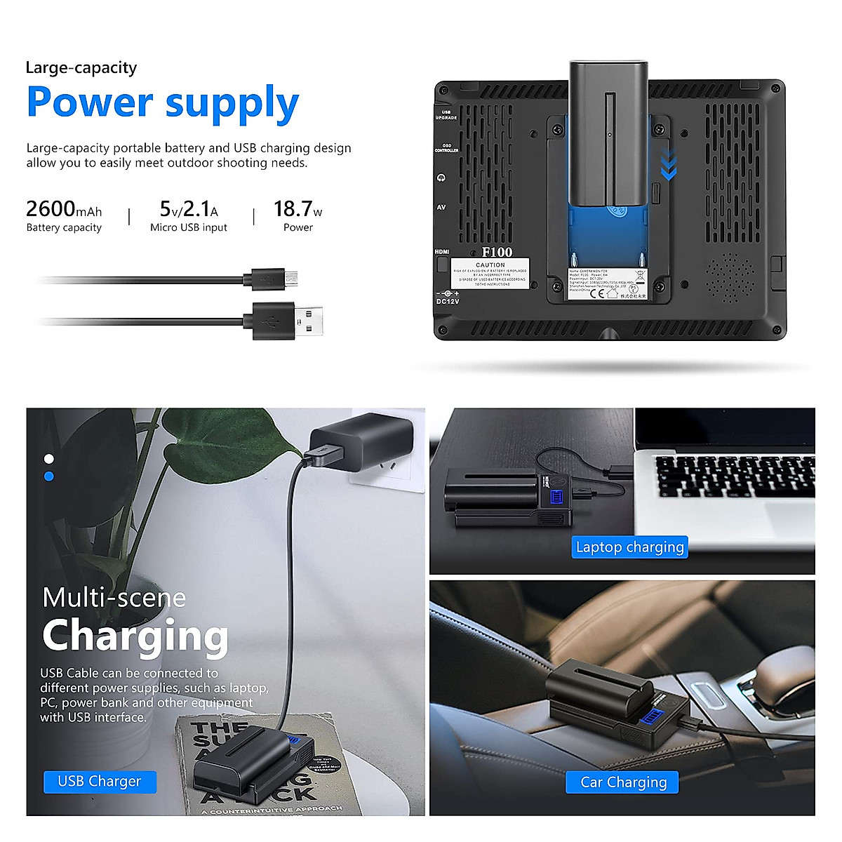 Neewer F100 7 Inch Camera Field Monitor HD Video Assist Slim IPS 1280x800 HDMI Input 1080p with 2600mAh Li-ion Battery/USB Charger，Carrying Case for DSLR Cameras, Stabilizer, Film Video Making Rig