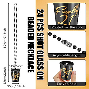 Bokon 24 Pcs 21st Birthday Shot Glass Finally 21 Birthday Shot Necklaces Cups Plastic 21st Shot Glass on Beaded Necklaces for Adults Birthday Party Supplies Favors Decorations (Black)