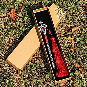 GTHER Chinese Metal Bookmarks with Tassel, Vintage Bookmark Unique Classical Ancient Chinese Hairpin Bookmark with Handmade Silky Tassel for Book Lovers Unique Gift, Plum Blossom