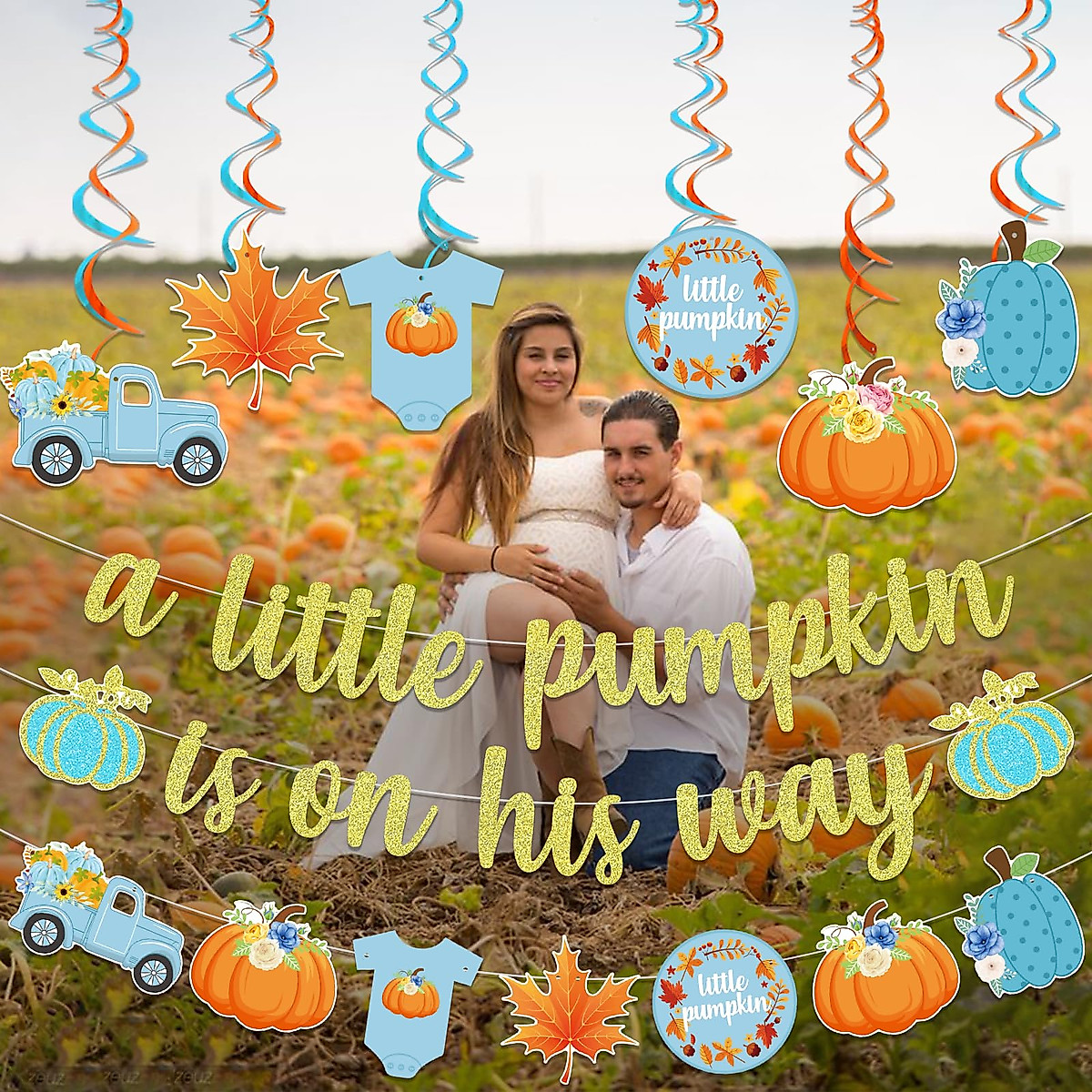 A LITTLE PUMPKIN IS ON THE WAY Banner And Little Pumpkin Hanging Swirls,Little Pumpkin Banner,Thanksgiving/Fall Baby Shower Decorations for Toy And Game