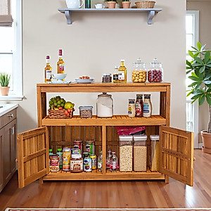 Devoko Outdoor Storage Cabinet,Weatherproof Outdoor Cabinet Acacia Wood Patio Cabinet with 2 Magnetic Doors and Shelve for Outdoor Storage,Outdoor Buffet Cabinet, TV Stand, Potting Table (Brown)