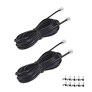 15FT Telephone Extension Cord Cable, Landline Phone Line Wire with RJ11 6P4C Plugs, Includes Cable Clips - Black - 2 Pack