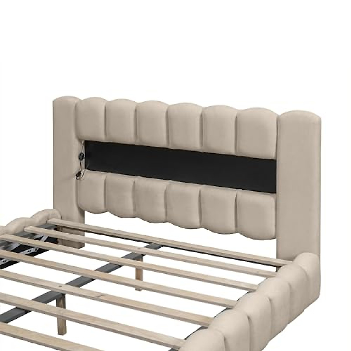 HAUSHECK Upholstered Bed Frame Queen Size with Large Underneath Storage, LED Headboard and USB Ports, Queen Floor Bed Frame w/Wooden Slats Support, Modern Platform Bed No Box Spring Needed