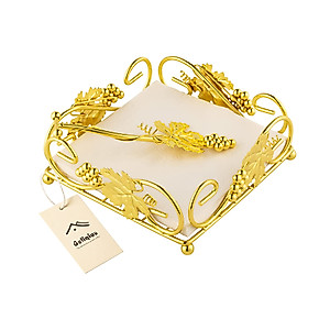 Flat Napkin Holder for Table Gold With Weight Arm for Kitchen Courtertops Dinning Table Grape Leaf Modern Tissue Dispenser Stainless Steel Gilding (7" L X 7" W X 2.5" H)