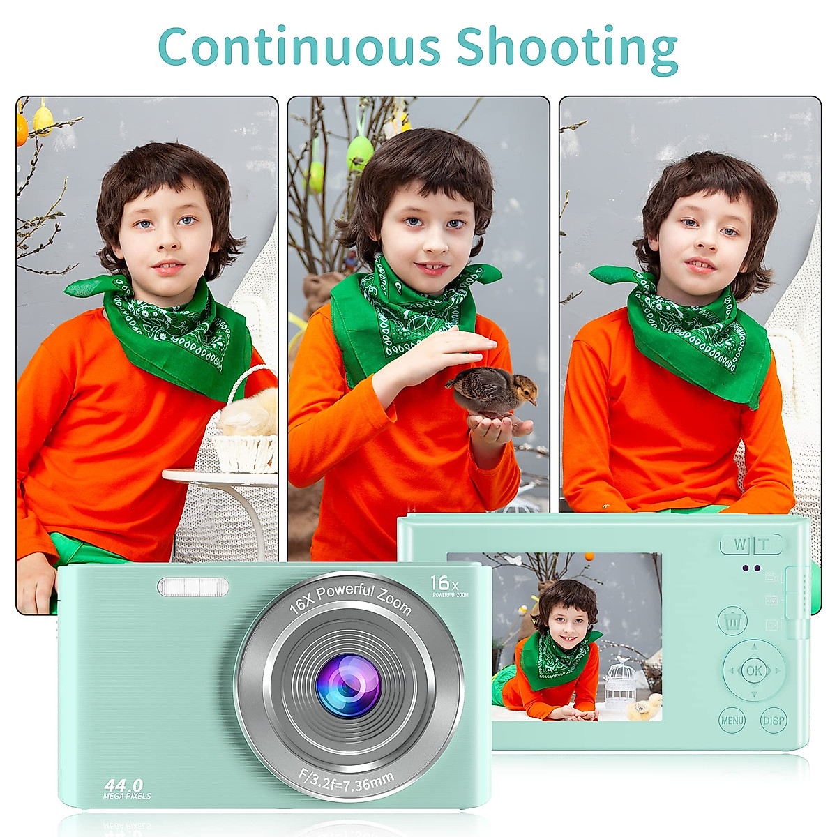 Saneen Digital Camera, FHD 2.7K Cameras for Photography, 44MP Kids Camera Small Mini Compact Digital Camera for Teens, Adults & Beginners with 32GB SD Card, 16X Zoom, Two Rechargeable Batteries-Green